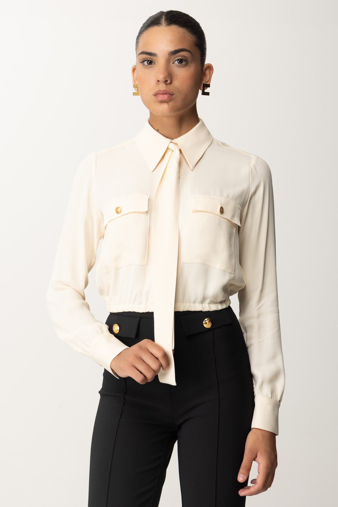 Elisabetta Franchi Donna Camicia Crop Georgette con Foulard CA06846E2 BURRO – Khloefemme