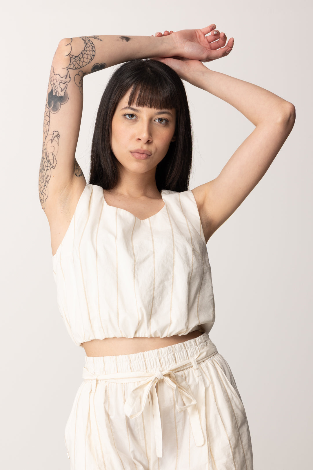 Manila Grace Woman Striped Crop Top Y208CI OFF WHITE:PE25 – Khloefemme