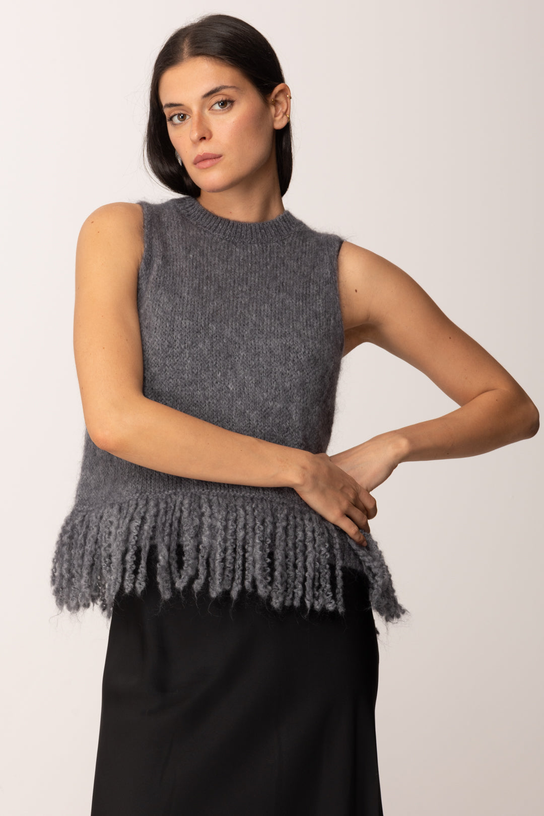 Khloe Woman Top In Knit with Mixed Mohair Fringes CBGL4628 GRAY ...